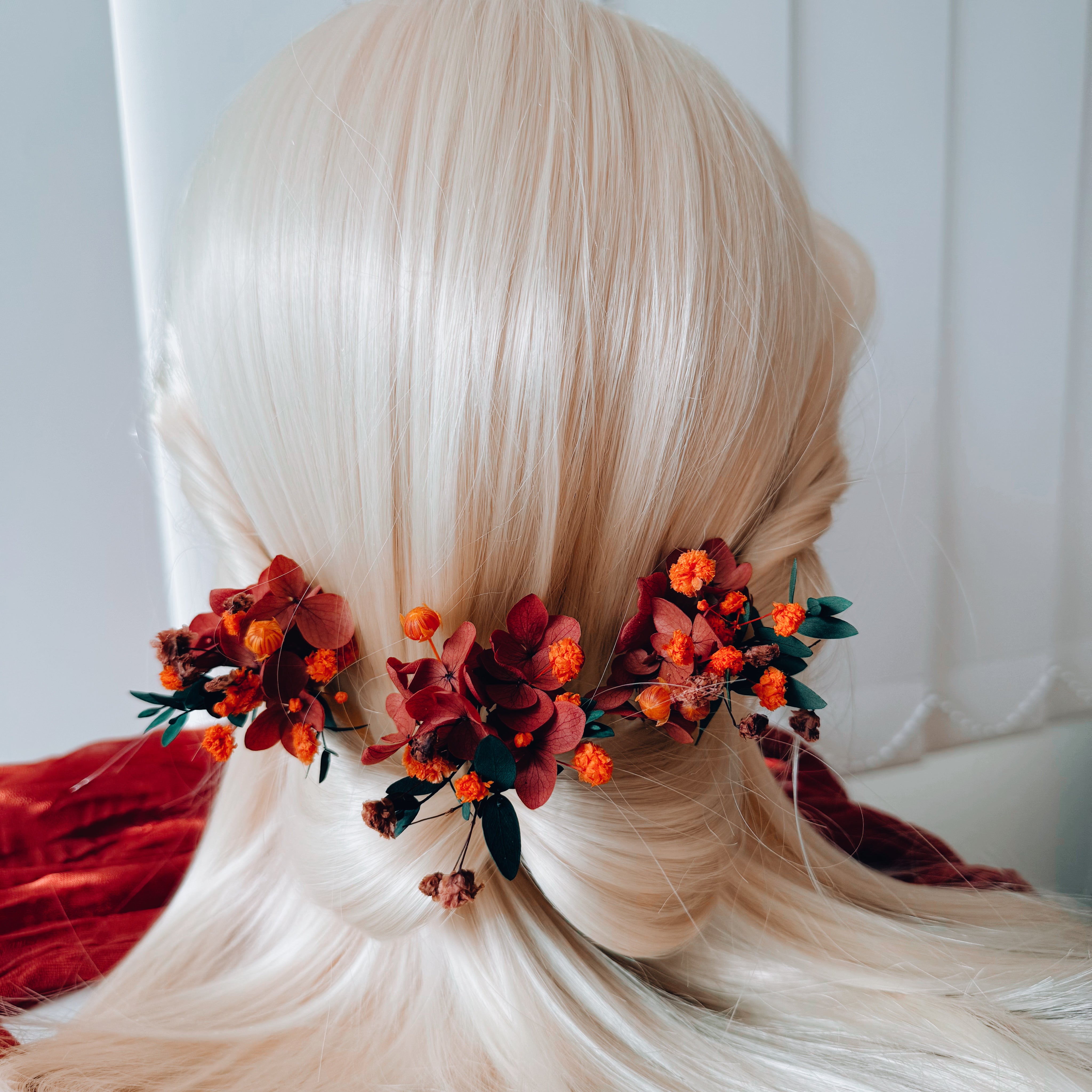 Autumn Floral Hair Pins with Green Eucalyptus – Dried Floral Bouquet